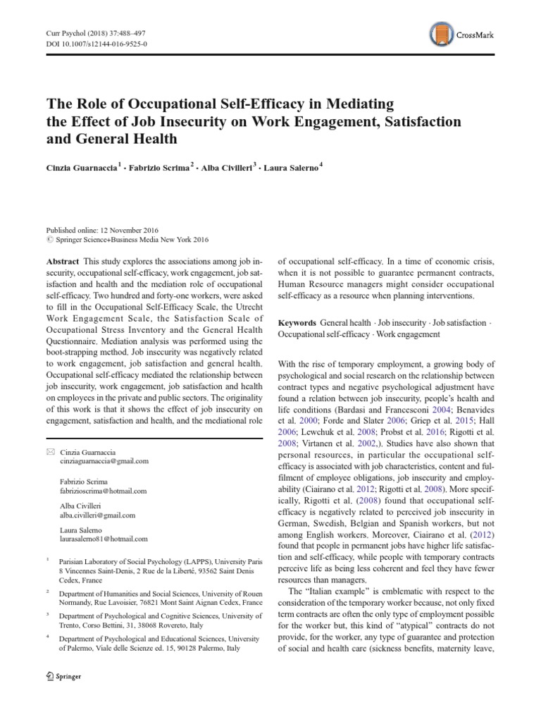 7 The Role Of Occupational Self Efficacy Pdf Self Efficacy Employment