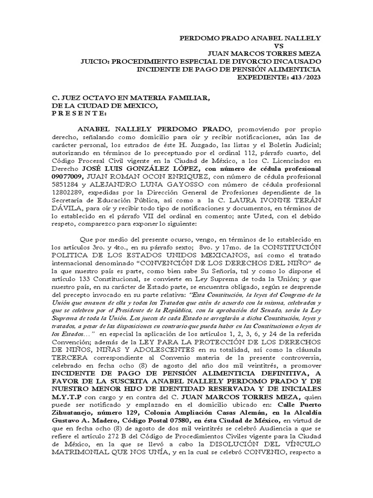 PERDOMO PRADO ANABEL NALLELY Incidente de PENSIÓN ALIMENTICIA | PDF