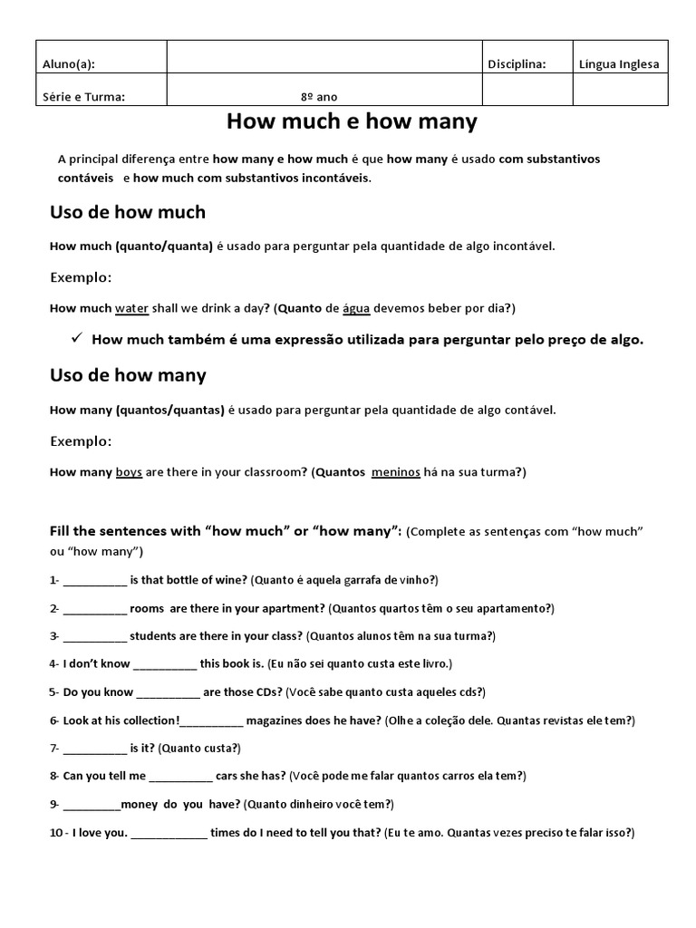Exercícios: How Much e How Many | PDF