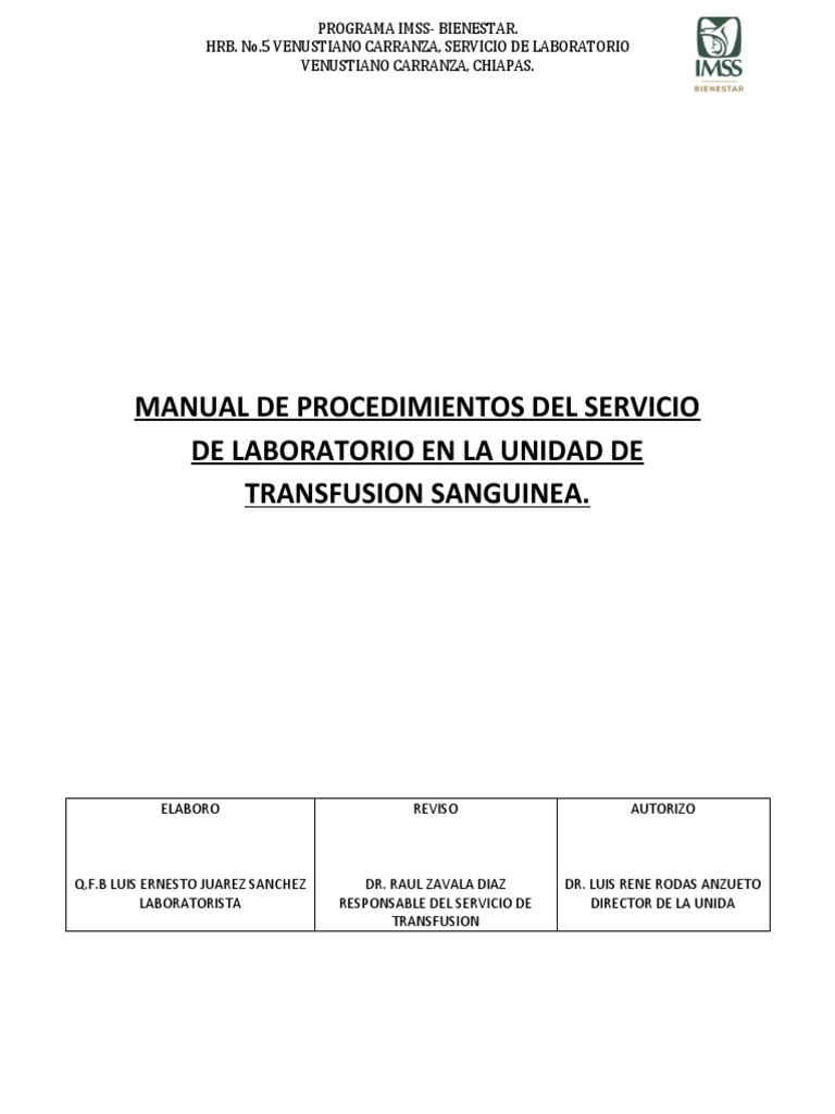 Manual de Procedimientos de La Unidad de Transfusion Sanguinea | PDF