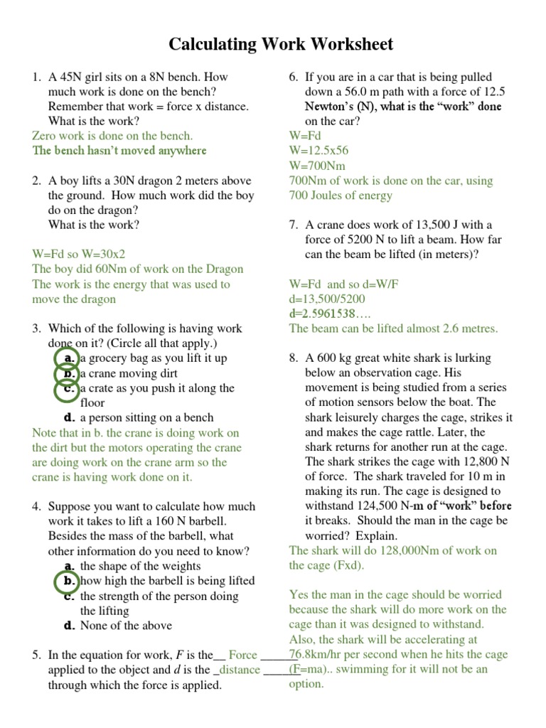 Work Calculation Problems Worksheet | PDF