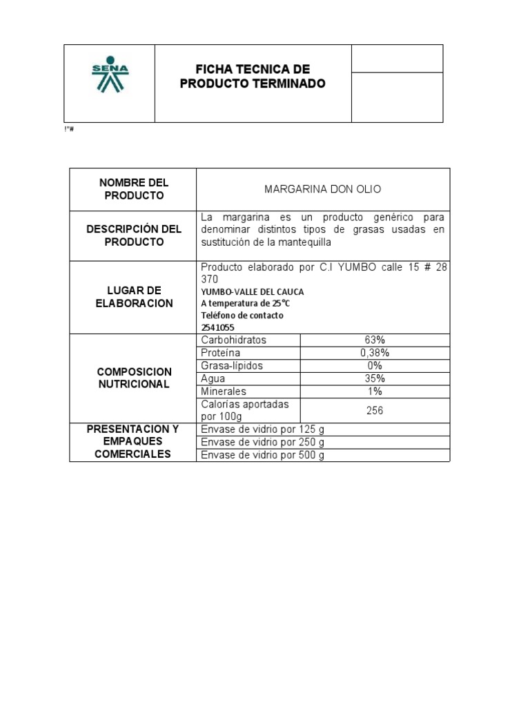 Ficha Tecnica de Producto Terminado Sena | PDF