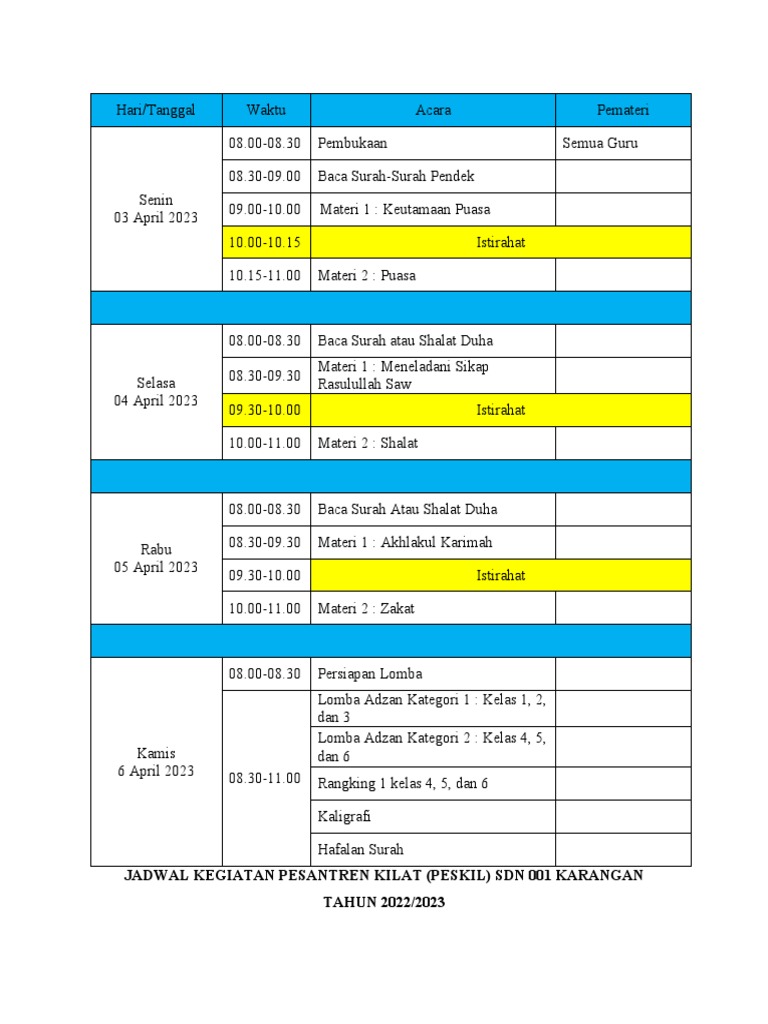 Jadwal Kegiatan Pesantren Kilat 2023 | PDF | Griya & Taman