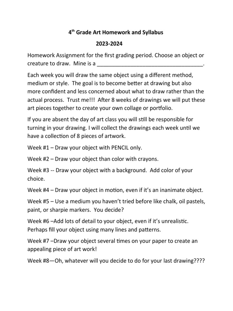 4th Grade Art Homework and Syllabus 2023-2024 | PDF