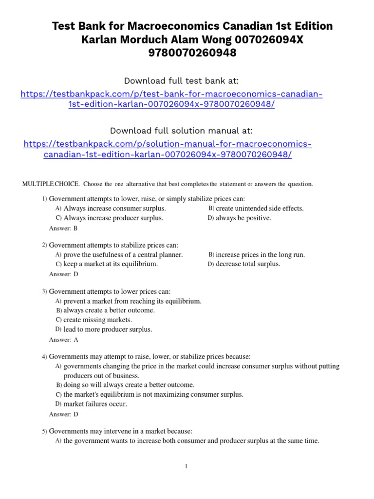 Macroeconomics Canadian 1st Edition Karlan Test Bank Download | PDF ...