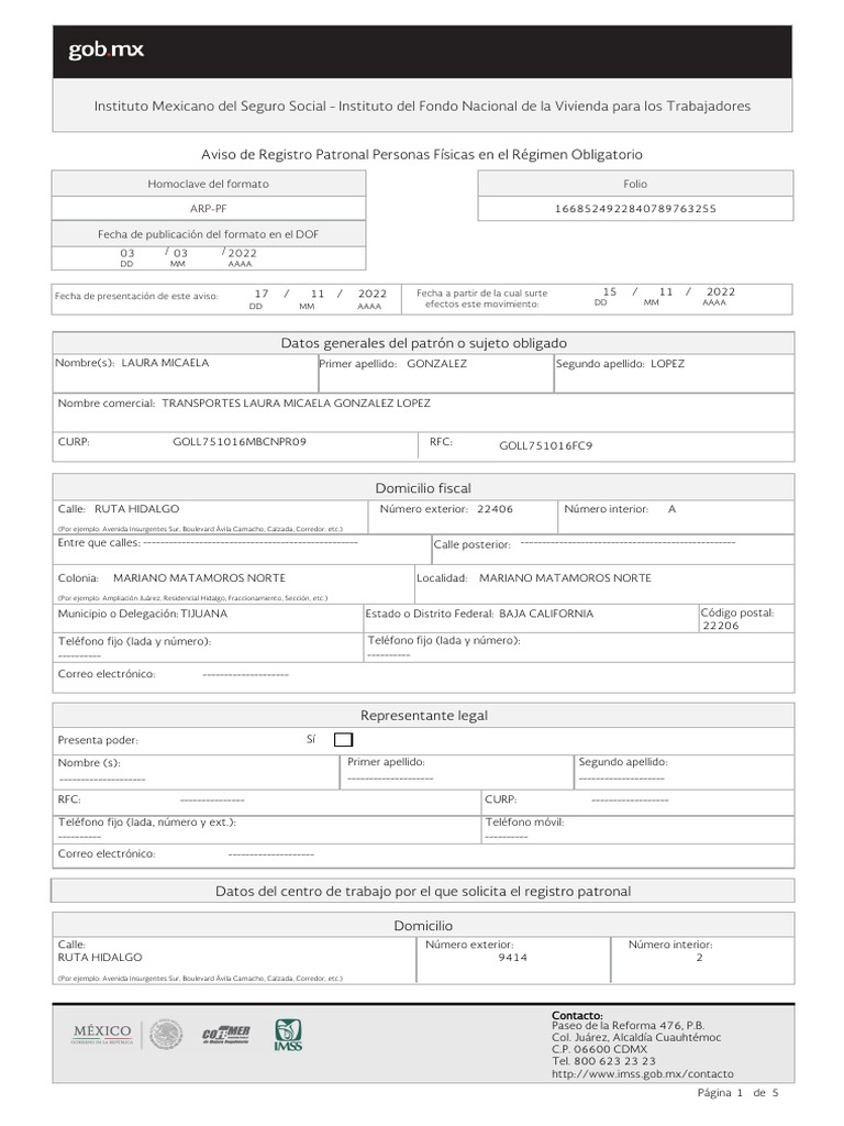 Aviso de Registro Patronal Personas Físicas en El Régimen Obligatorio ... Aviso de Registro Patronal Personas Físicas en El Régimen Obligatorio ...