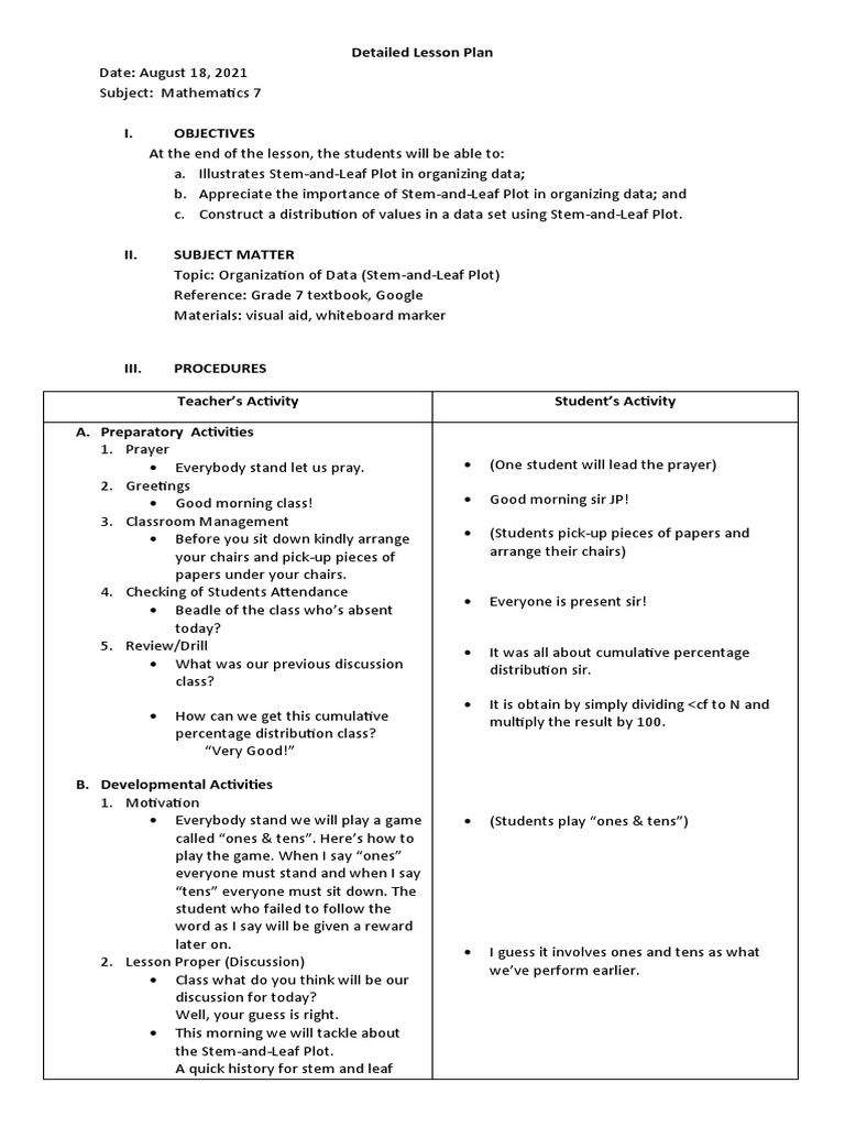 Teaching Stem-and-Leaf Plots in Grade 7 | PDF | Teaching | Human ...