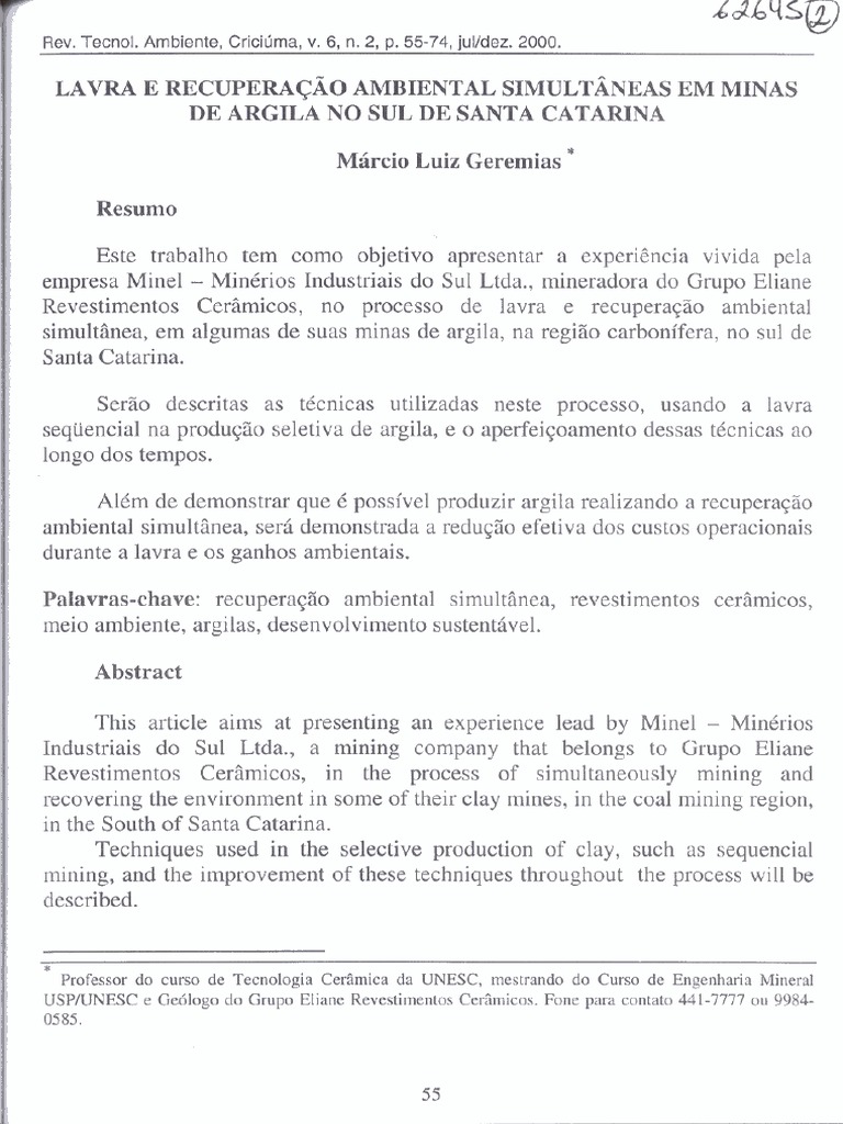 Lavra e Recuperacao Ambiental Simultaneas em Minas de Argila No Sul de ...
