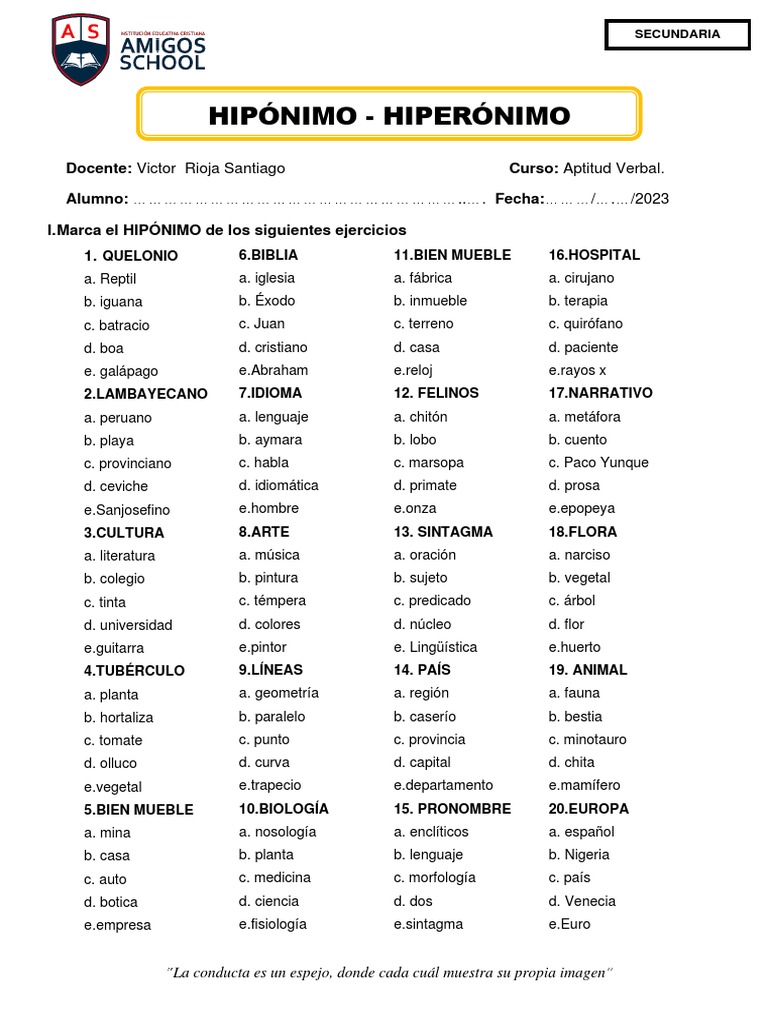 Fichas - Hipónimo-Hiperónimo | PDF | Lingüística