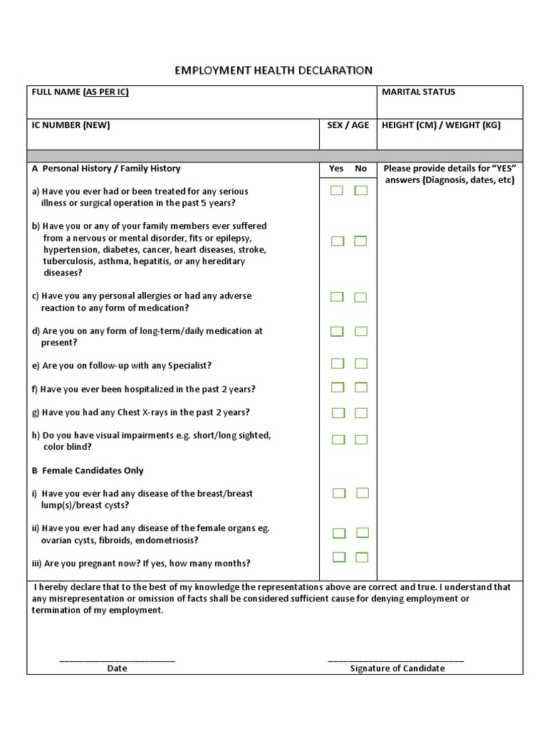 Employment Health Declaration | PDF
