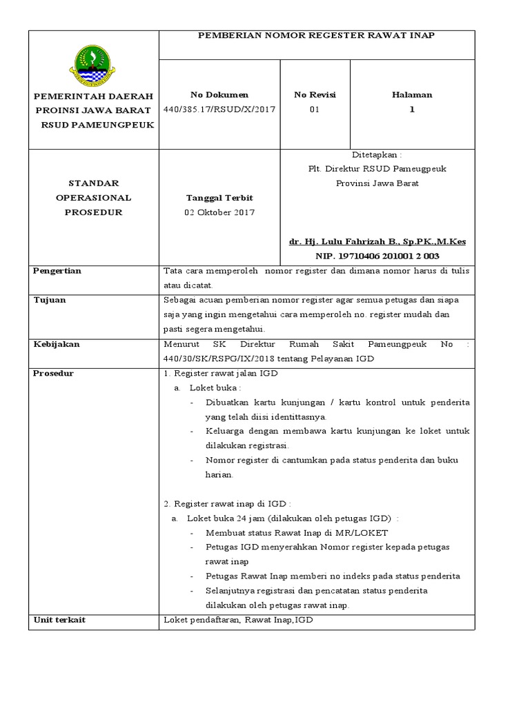 Prosedur Pemberian Nomor Register RSUD | PDF