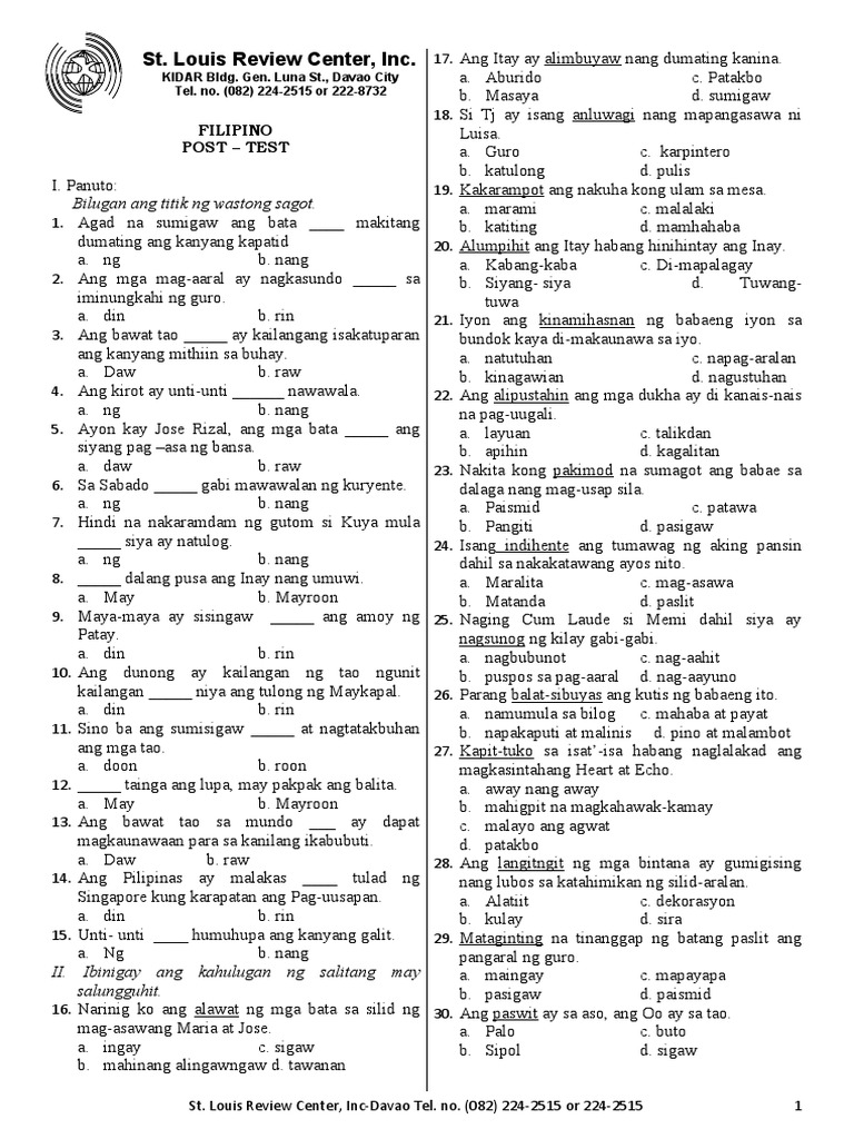 Filipino Test Questions and Answers | PDF