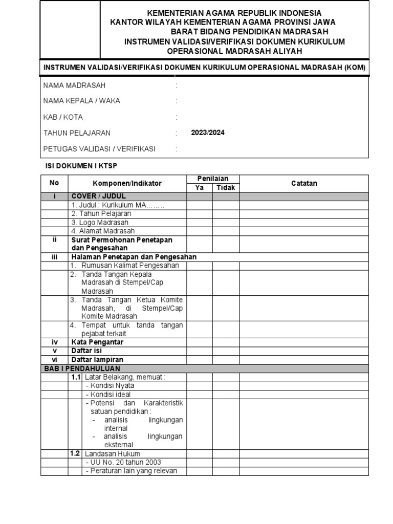 2023 - INSTRUMEN VALIDASI-VERIFIKASI Kom + KTSP MA 2023 | PDF