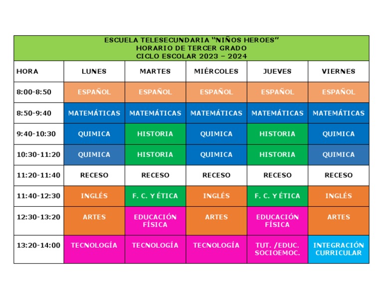 Horario 3°. Telesecundaria (Carta) | PDF