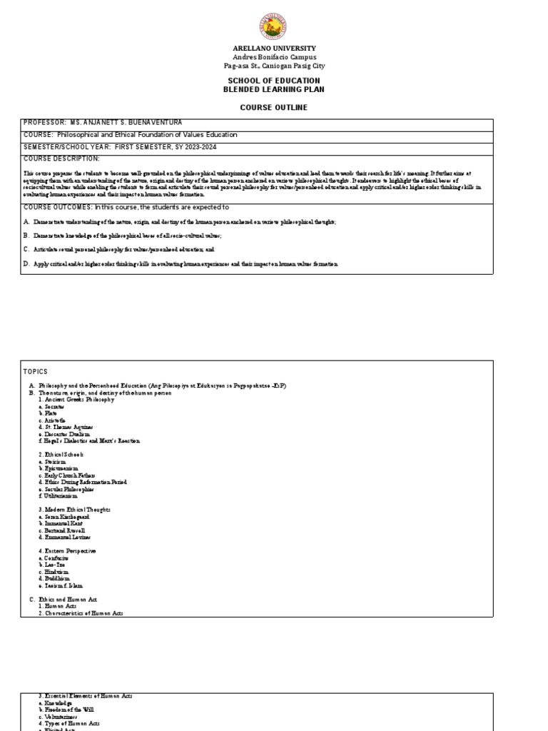VED02 COURSE OUTLINE Philosophical and Ethical Foundation of Values Education | PDF