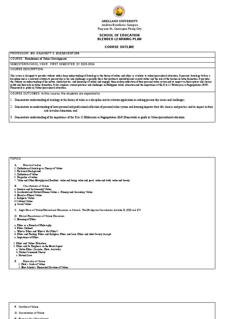 Ved01 Course Outline Foundation of Values Education | PDF