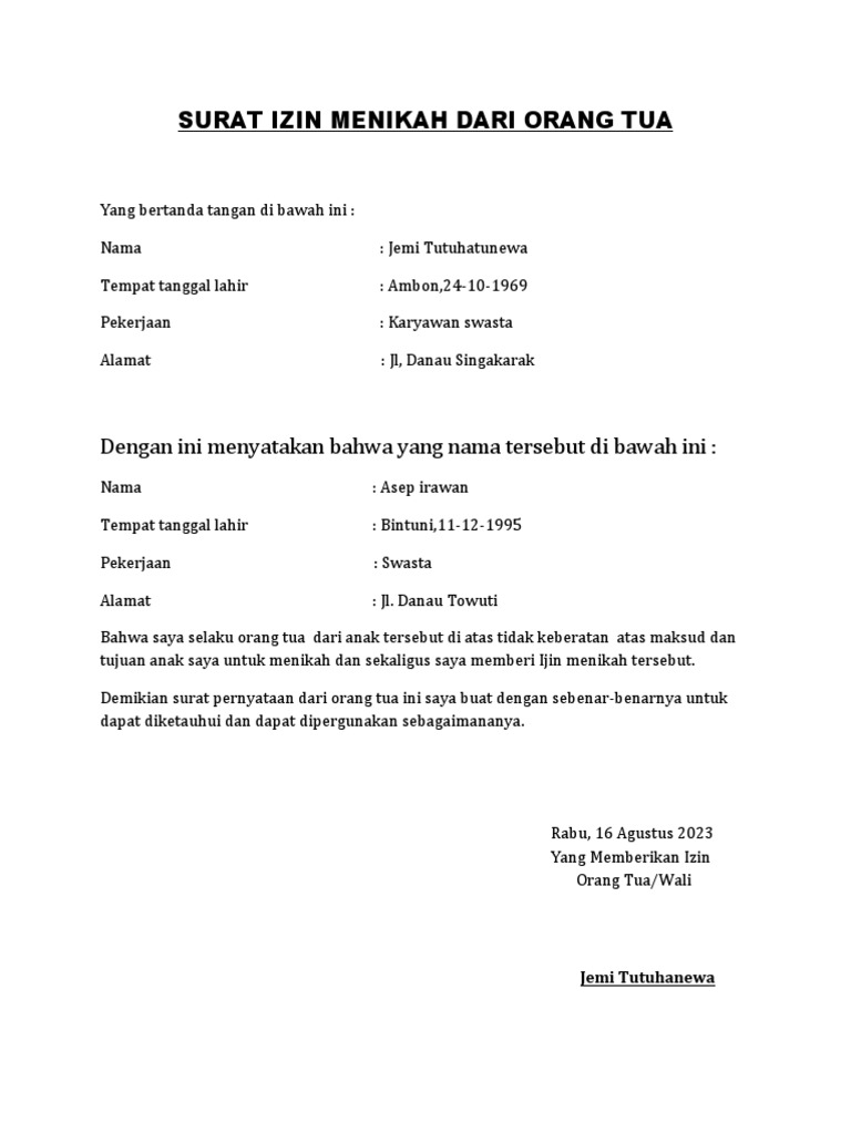 Surat Izin Menikah Dari Orang Tua | PDF
