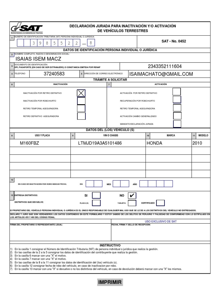 Formulario SAT 452 EDITABLE | PDF