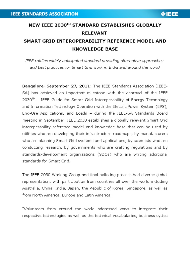 New Ieee 2030TM Standard Establishes Globally Relevant Smart Grid ...