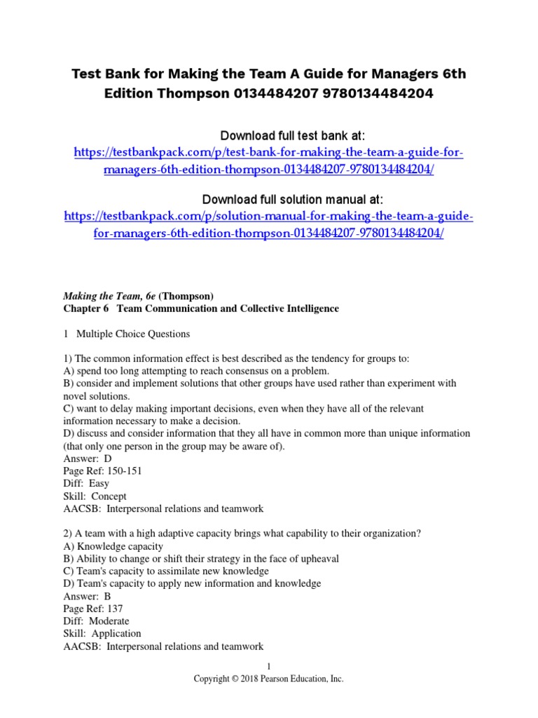 Making The Team A Guide For Managers 6th Edition Thompson Test Bank ...
