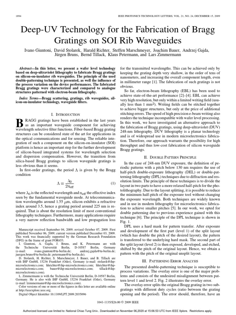 Deep-UV Technology For The Fabrication of Bragg Gratings On SOI Rib ...