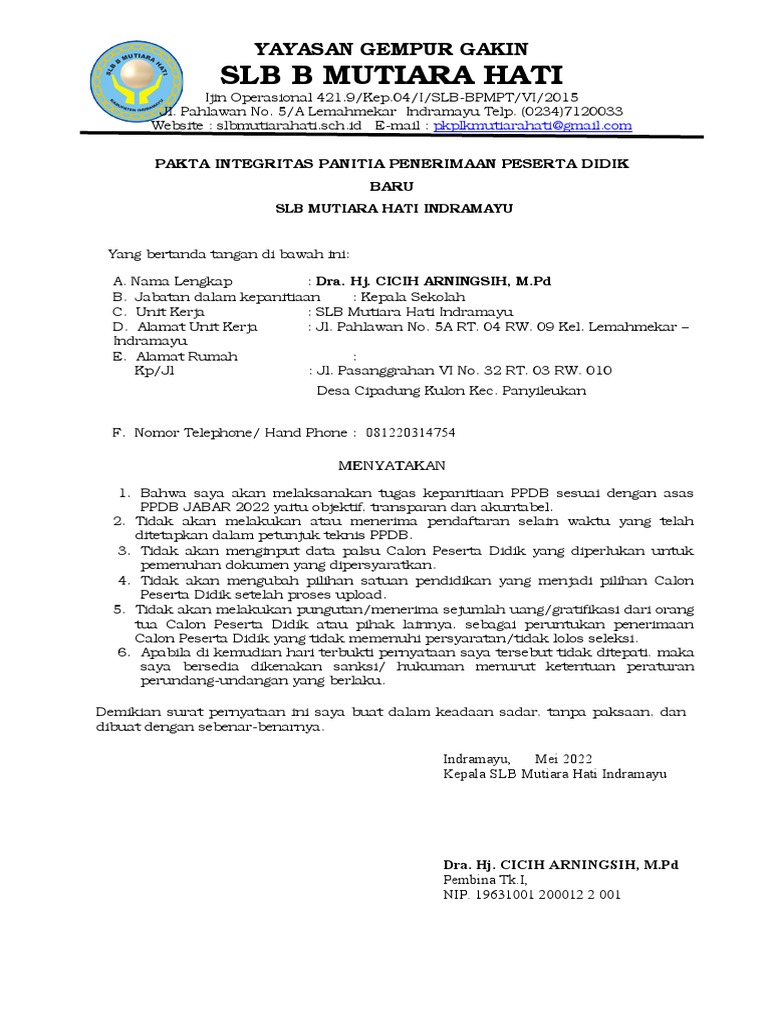 Surat Pakta Integritas Panitia PPDB SLB Mutiara Hati | PDF