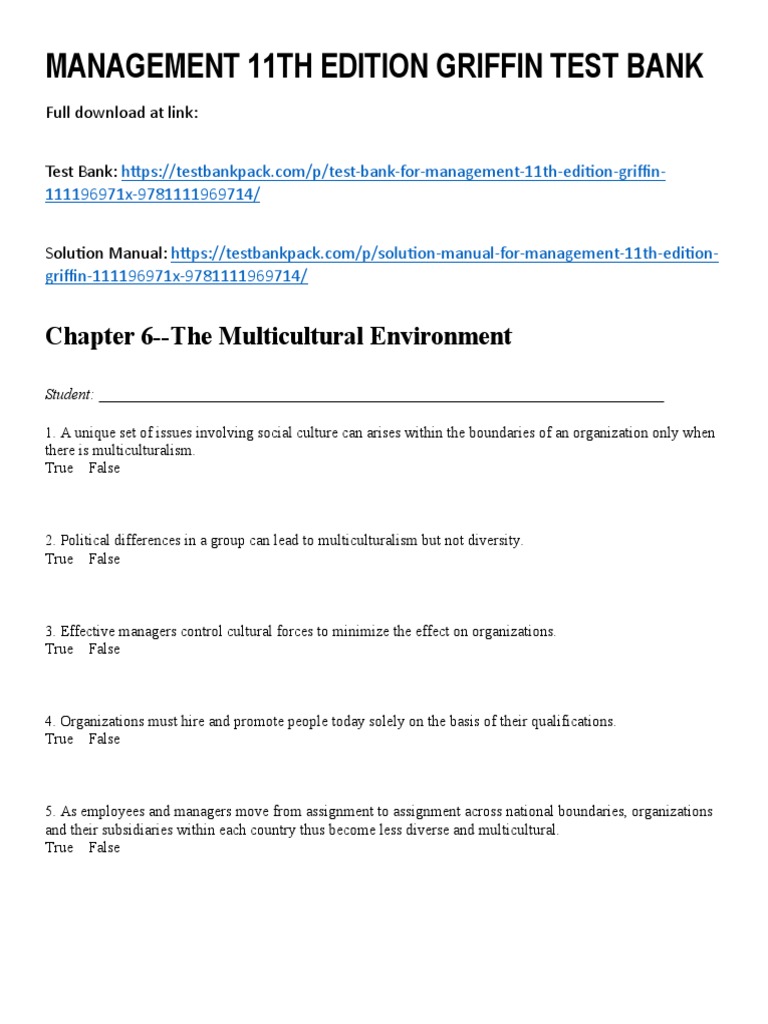 Management 11th Edition Griffin Test Bank Download | PDF