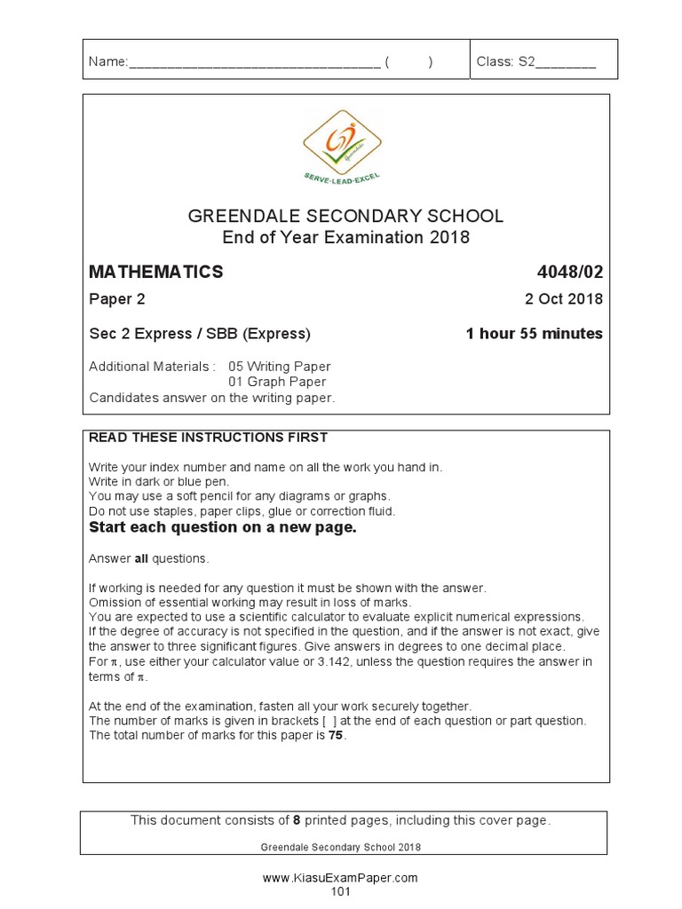 2018 S2 SA2 Greendale QP | PDF | Sphere | Geometry