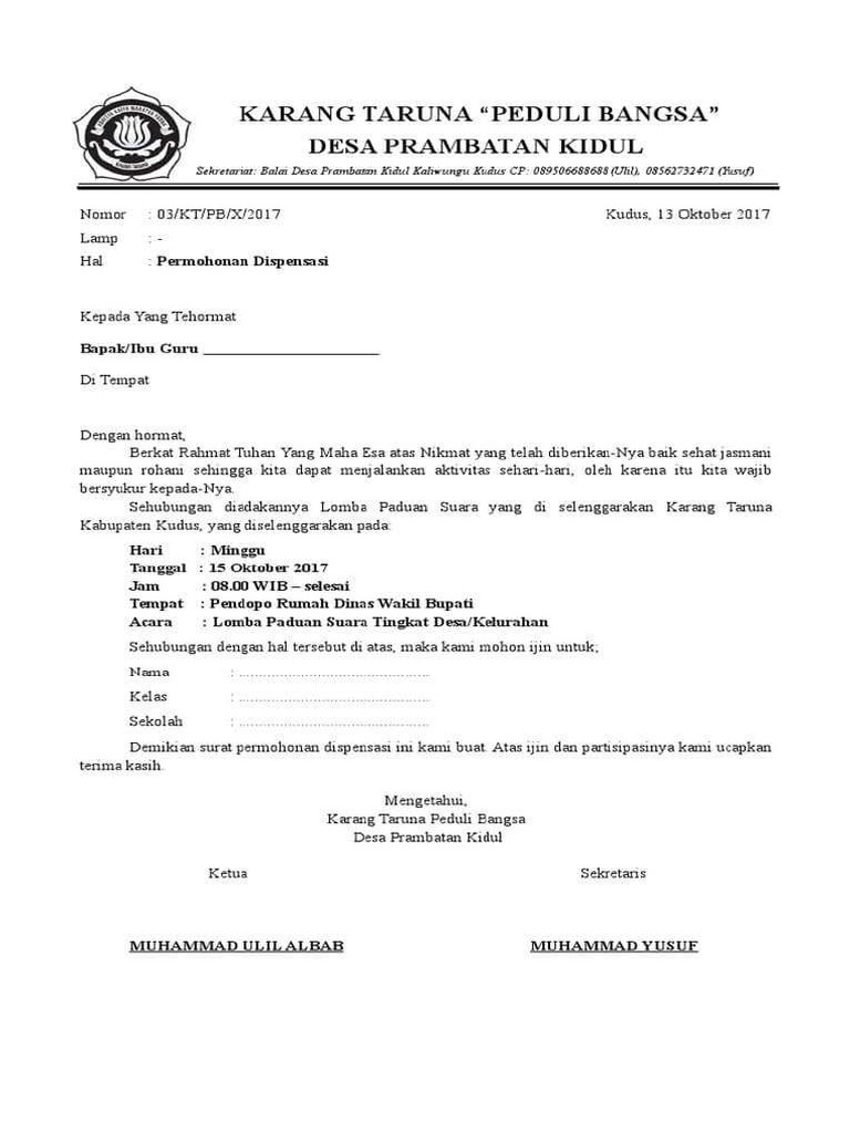 Contoh Surat Dispensasi Sekolah Dari Karang Taruna | PDF Contoh Surat Dispensasi Sekolah Dari Karang Taruna | PDF