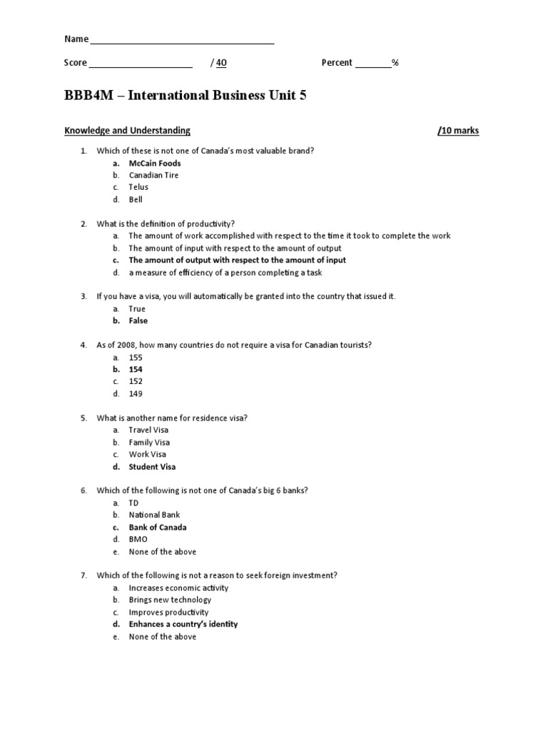 BBB4M Unit 5 Test Solutions | PDF | Science, Technology, Engineering ...