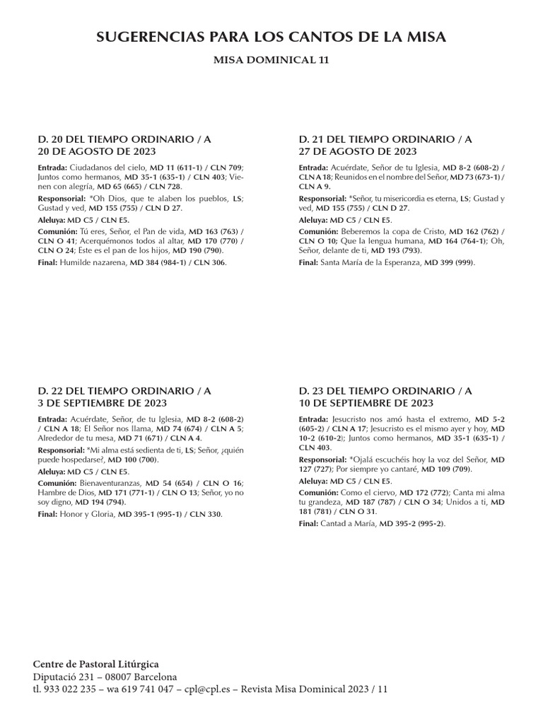 Cantos 20 27 Agosto y 3 10 Septiembre | PDF | Misa (liturgia) | Sacramentos