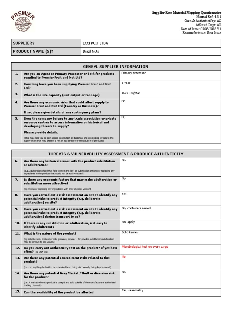 4.3.1 - Supplier Raw Material Mapping Questionnaire - PFN V1 Ecofruit ...