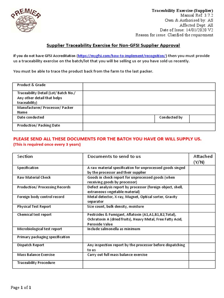 3.7.2 - Traceability Exercise (Supplier) V2 - Only For Non GFSI Packer ...