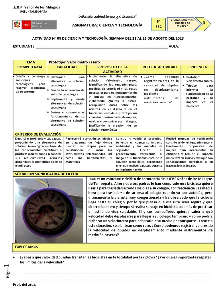 5° SEC. EDA 2 SEMANA 5 Diseña CYT 2023 Prototipo Velocímetro Casero | PDF | Velocidad | Evaluación