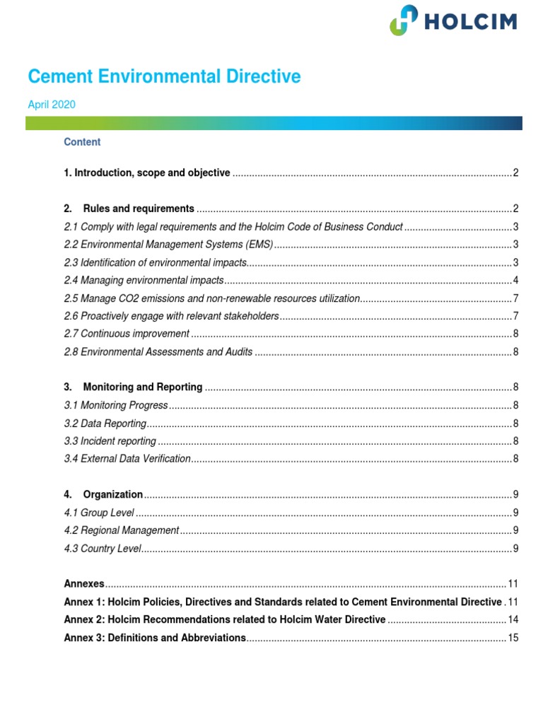 Lafargeholcim Cement Environmental Directive Revison 2020 | PDF