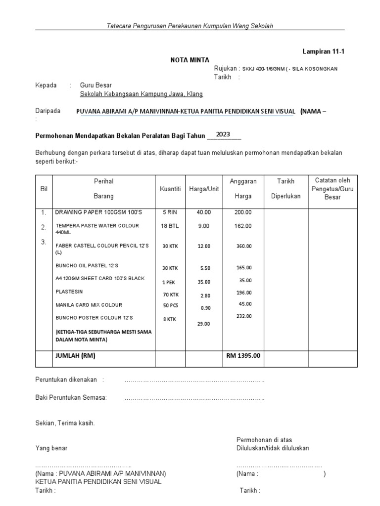 Contoh Nota Minta Pembelian Barang | PDF