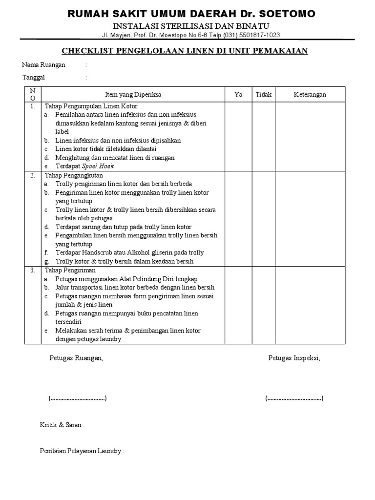 Checklist Pengelolaan Linen Di Unit Pemakaian | PDF