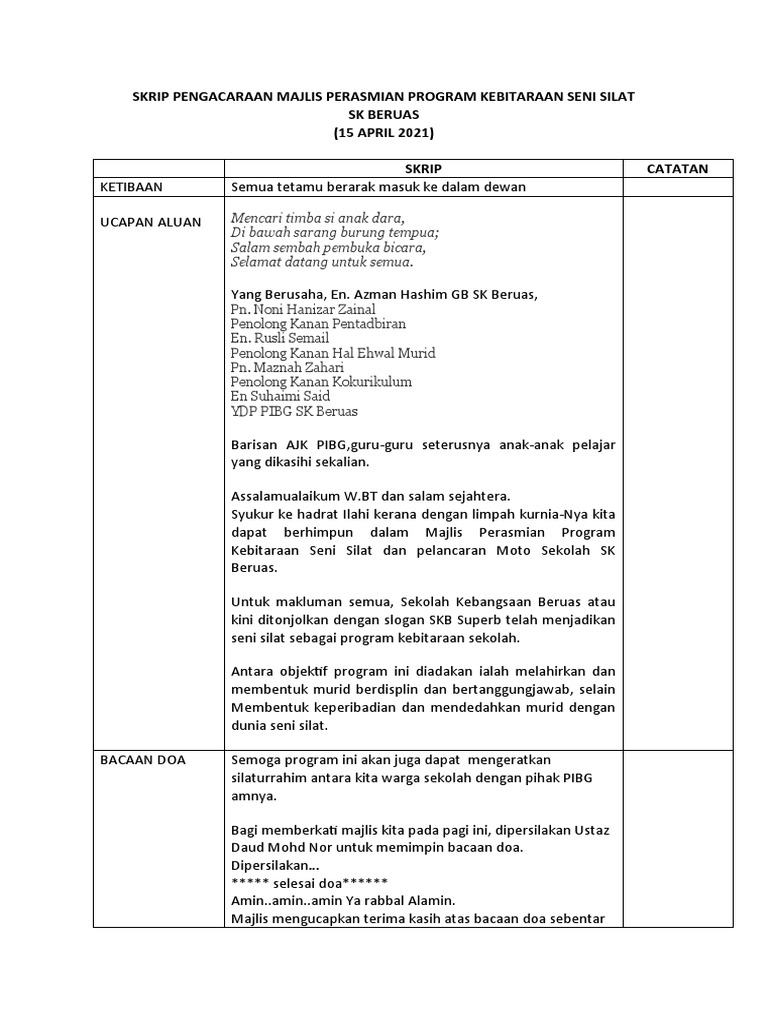 Skrip Perasmian Program Silat SK Beruas | PDF | Karier & Perkembangan
