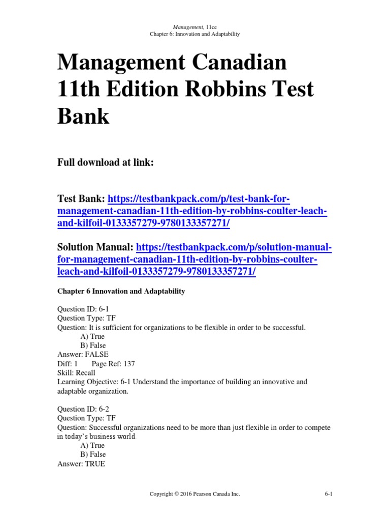 Management Canadian 11th Edition Robbins Test Bank Download | PDF