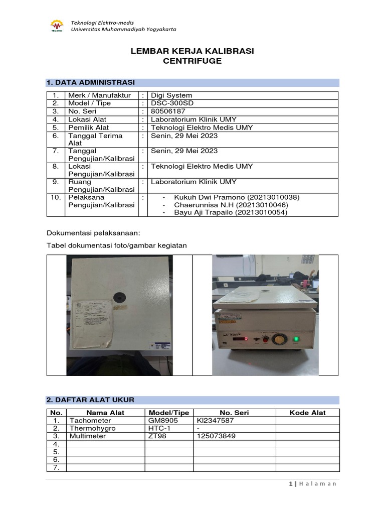 Lembar Kerja Pengujian-Kalibrasi Centrifuge | PDF