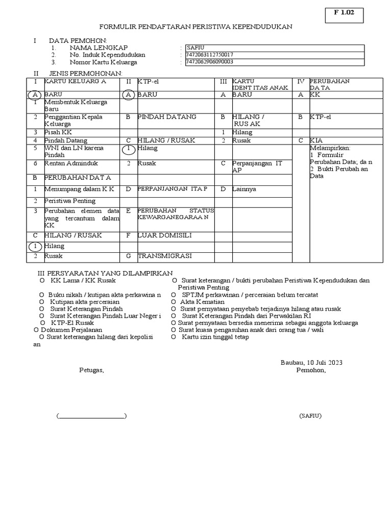 F1.02 - Formulir - Pendaftaran - Peristiwa - Kependudukan Safiu | PDF