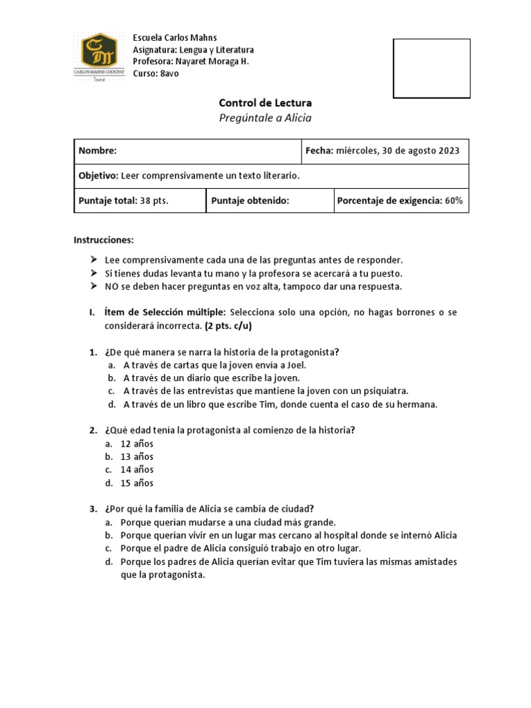 Control de Lectura Preguntale A Alicia | PDF