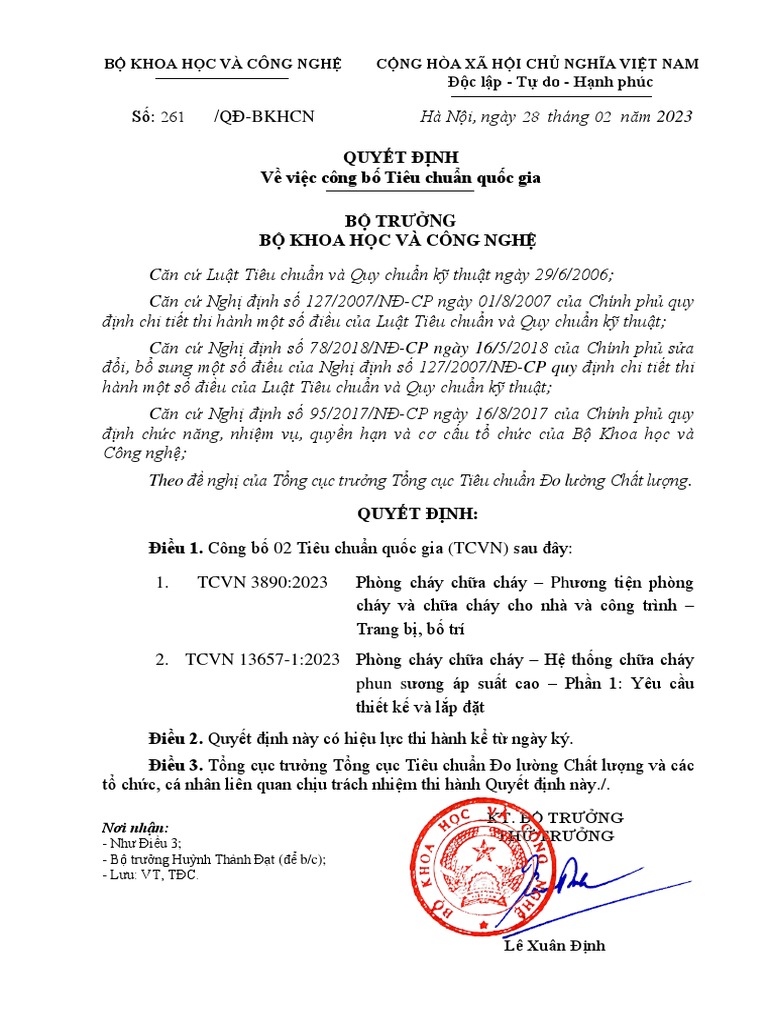 1. QĐ 261 - công bố 02 TCVN về PCCC | PDF