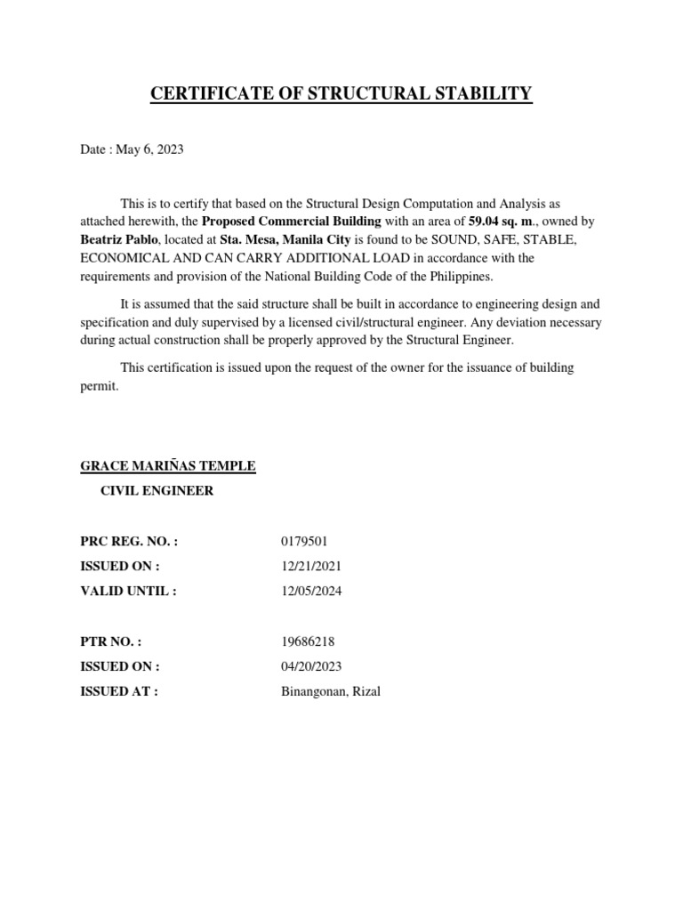 CERTIFICATE OF STRUCTURAL STABILITY | PDF