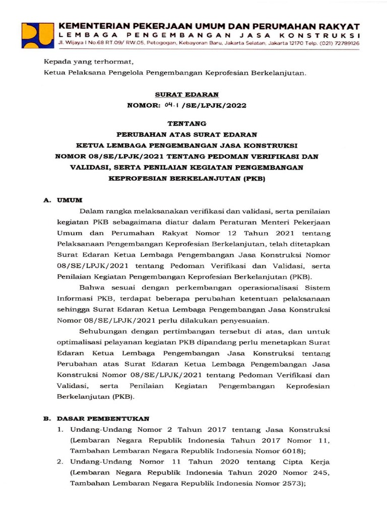 SE LPJK 04.1 2022 Perubahan Atas SE LPJK 08 2021 Pedoman VVP PKB | PDF