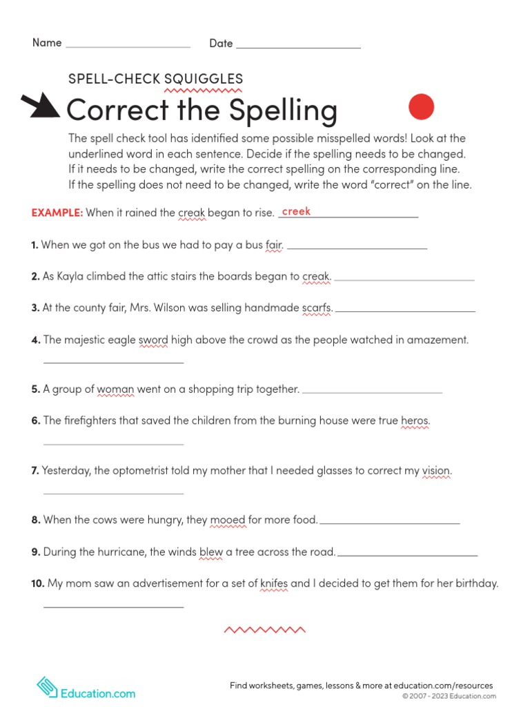 Spell Check Worksheet for Common Errors | PDF