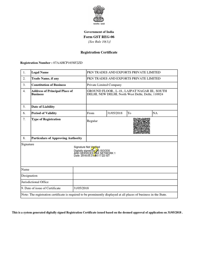 GST Registration Certificate for PKN Trades | PDF