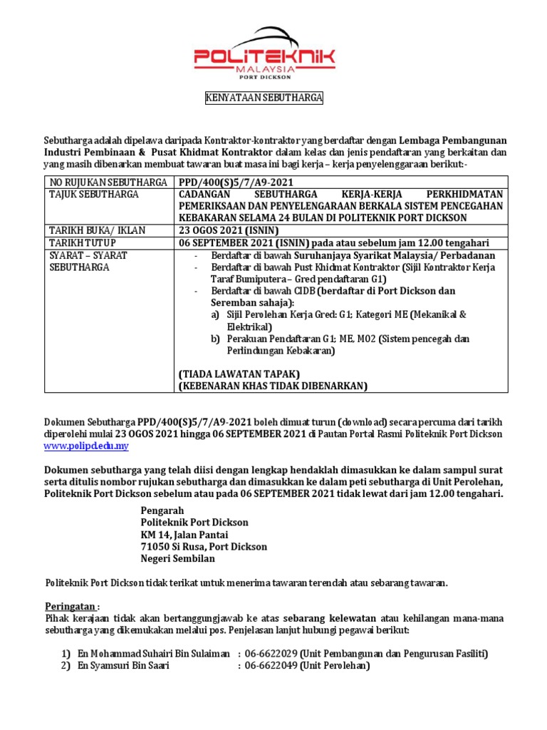 Dokumen Sebut Harga Penyelenggaraan Sistem Kebakaran PoliPD 2021 | PDF