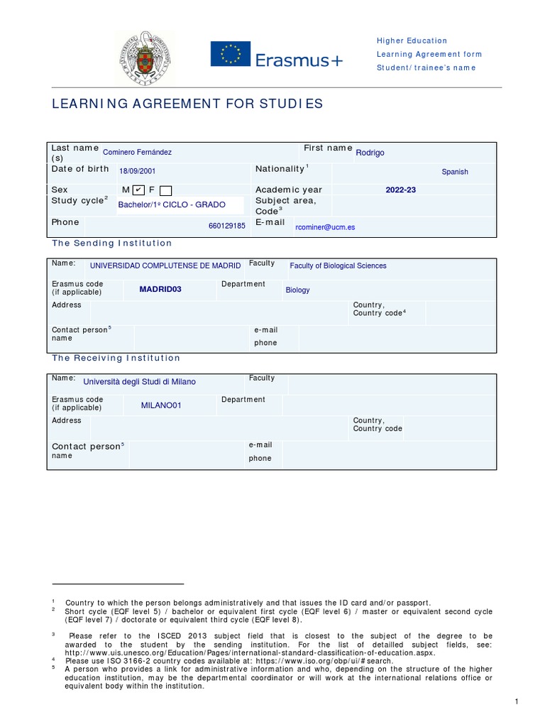 Plantilla Learning Agreement | PDF | Academic Degree