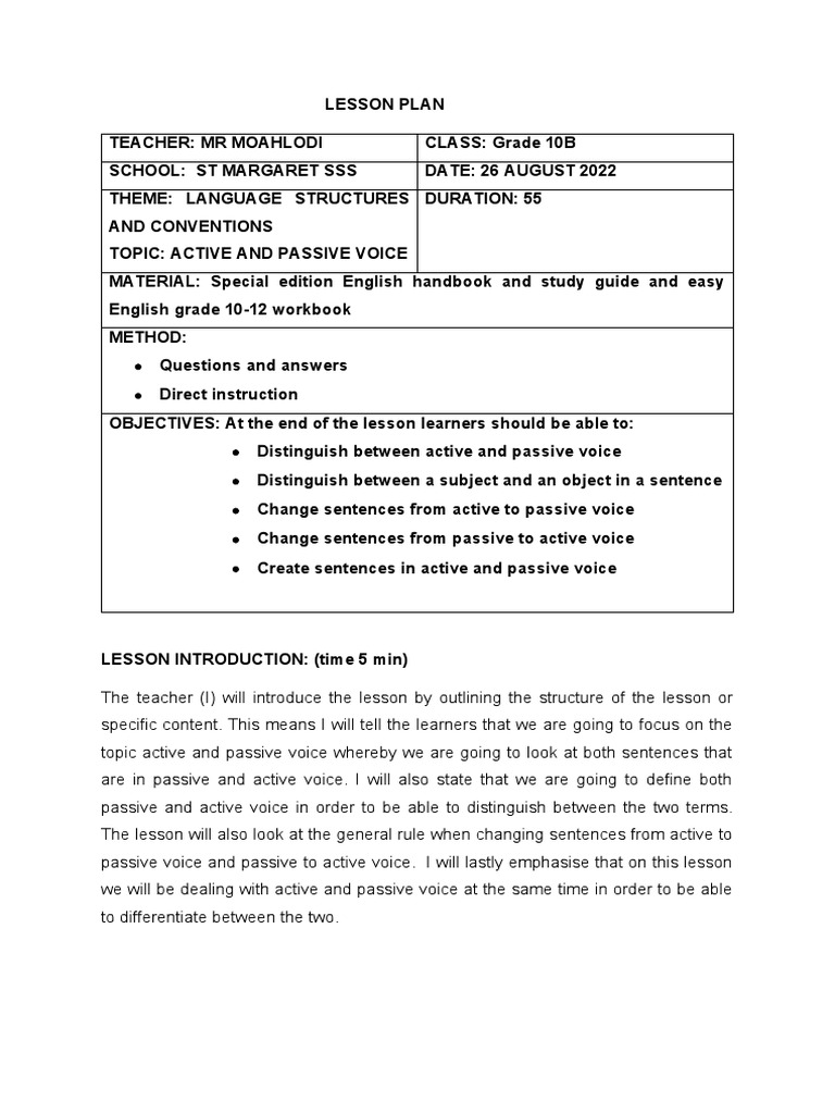Lesson Plan On Active and Passive Voice 1 | PDF | Verb | Subject (Grammar)